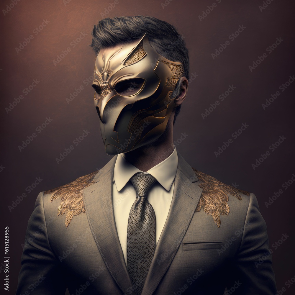 Sinister corporate overlord in a masked villain persona wearing a suit ...