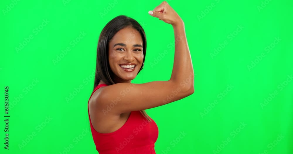 Woman, champion and flexing bicep on green screen with muscle and ...