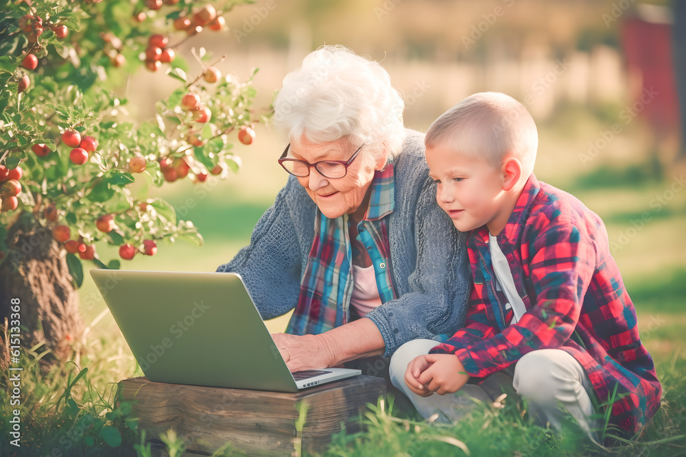 grandchilds teaching Grandmother how to use laptop at daytime ai ...