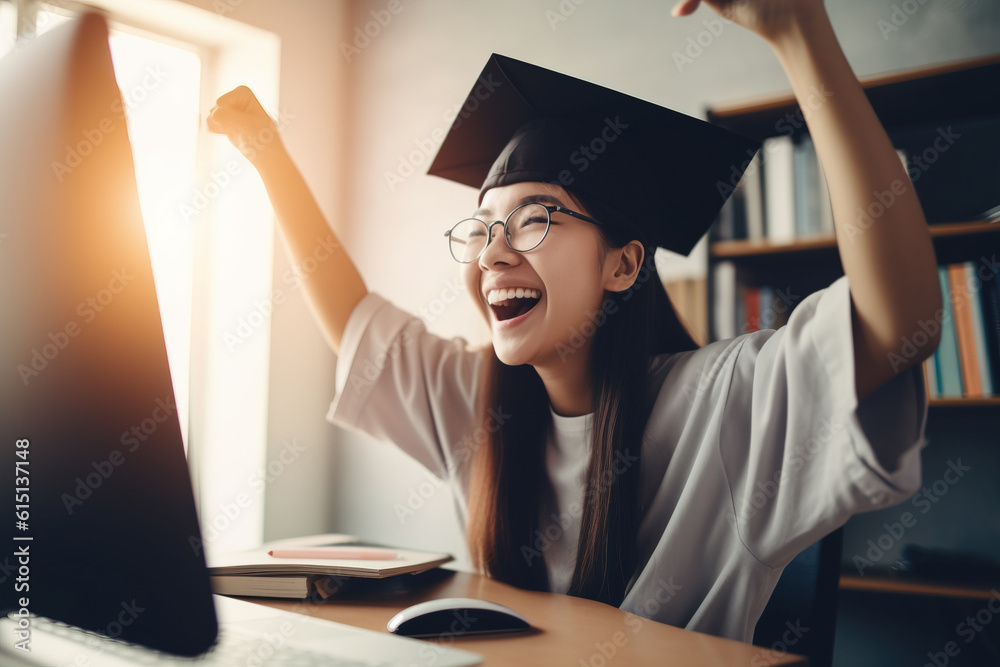 Graduating student cheering in front of computer, Generative AI ...