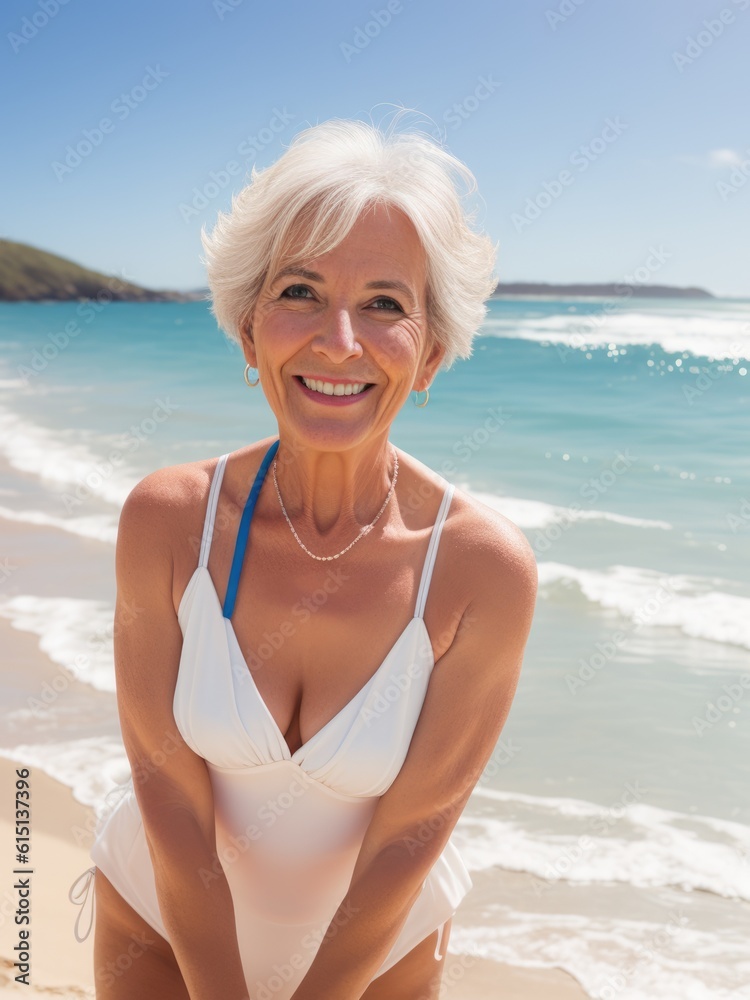 Mature Caucasian Woman On A Beach Genrative Ai Stock Illustration