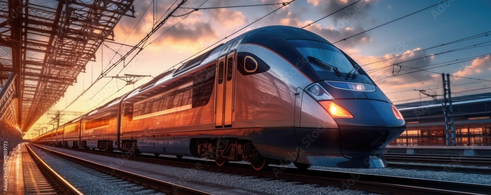 High speed train in motion on the railway station at sunset. Fast ...