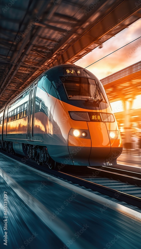 High speed train in motion on the railway station at sunset. Fast ...