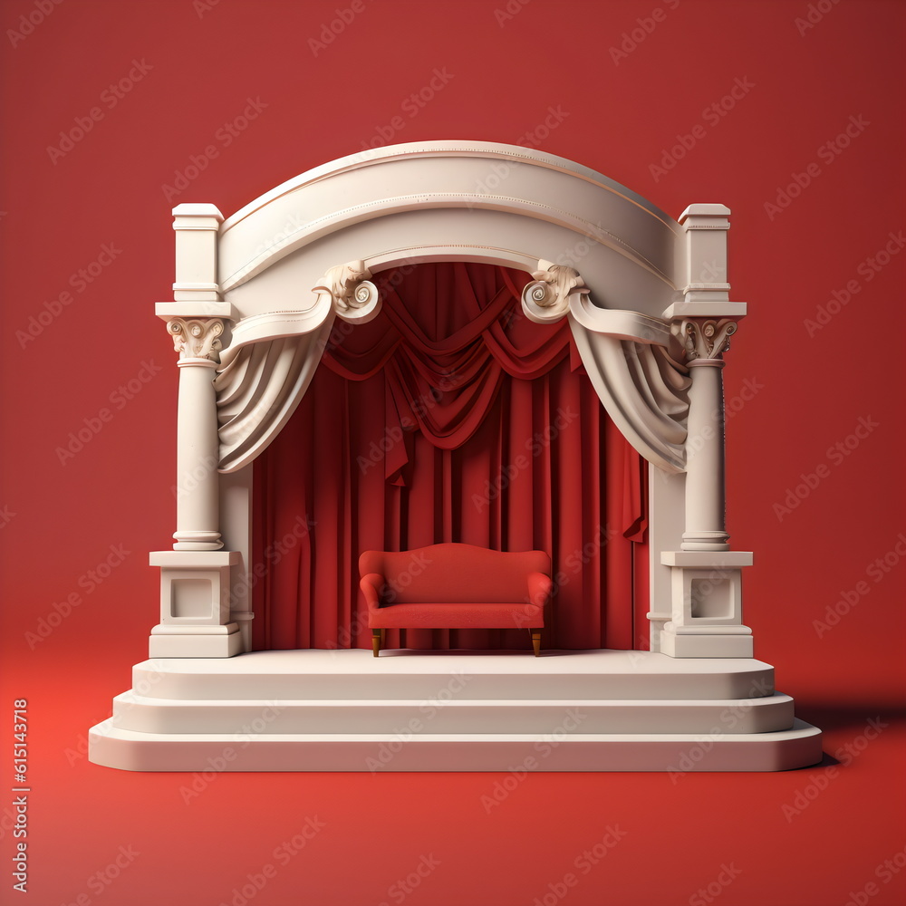 model stage and lounge at theater isolated on plain red studio ...
