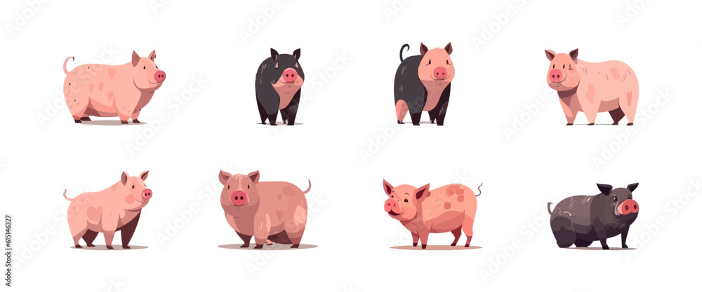 Pig set flat cartoon isolated on white background. Vector illustration ...
