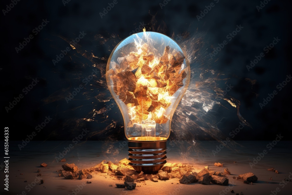 Shattered light bulb with ideas or inspiration bursting out from within ...
