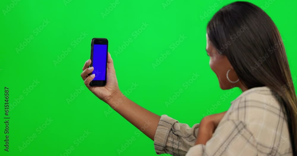 Woman, phone and video call on green screen for gen z communication ...