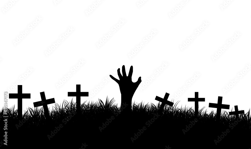 Zombie's hand pop-up from the ground at night. Silhouette graphic ...