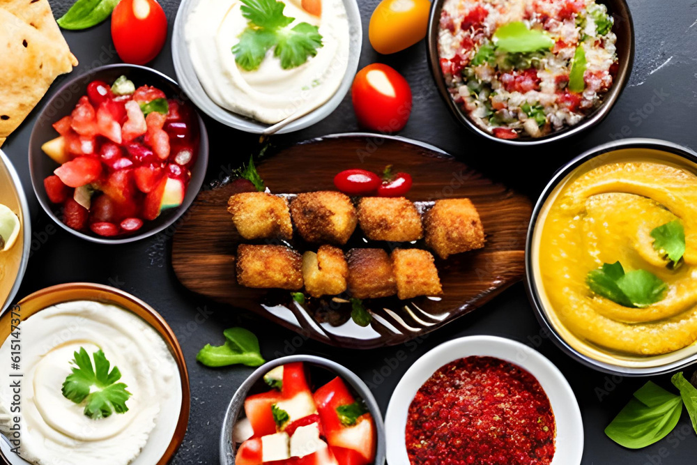 Assorted Middle Eastern and arabic dishes on a dark rustic background ...