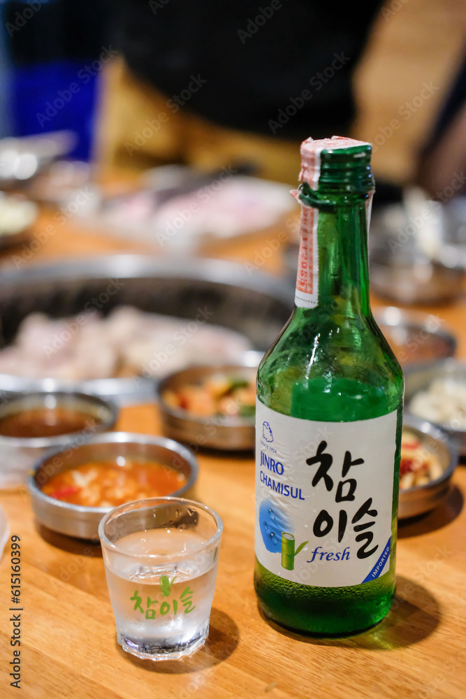 Bangkok, Thailand - 2 February 2019: Jinro Chamisul Soju with Korean ...