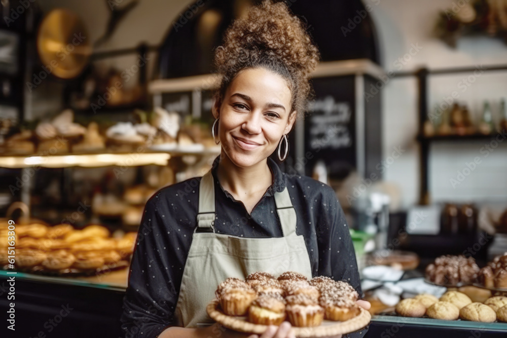 Happy small pastry and coffee shop owner, smiling proudly at her store ...