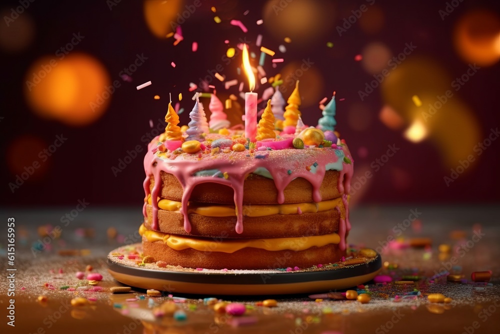 Illustration of a colourful birthday cake with candles and sparklers ...