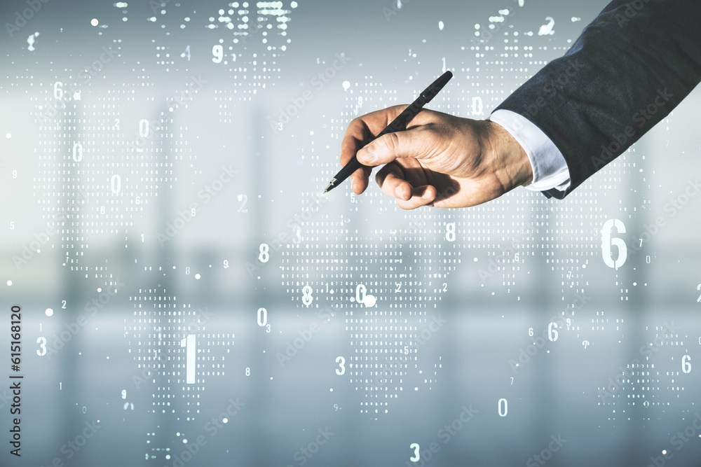 Multi exposure of developer's hand with pen working with abstract ...