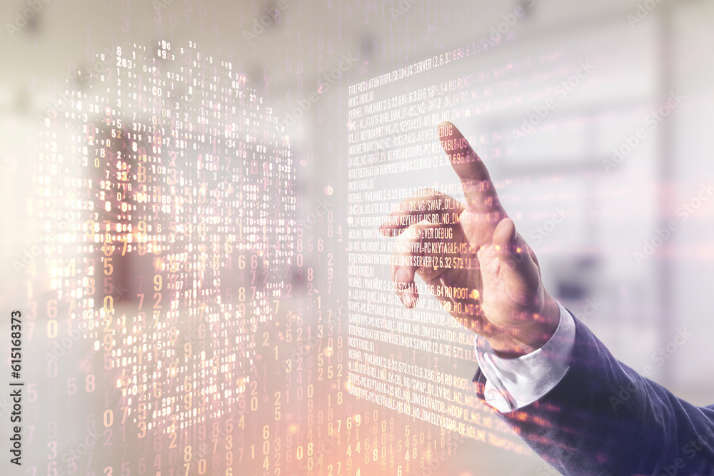 Man hand clicks on abstract virtual code skull hologram on blurred office background, cybercrime ...