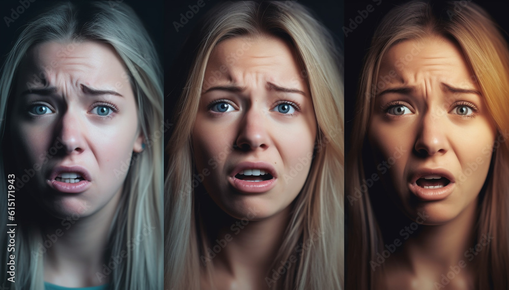 Young adult female screaming in fear and anger, facial expression ...