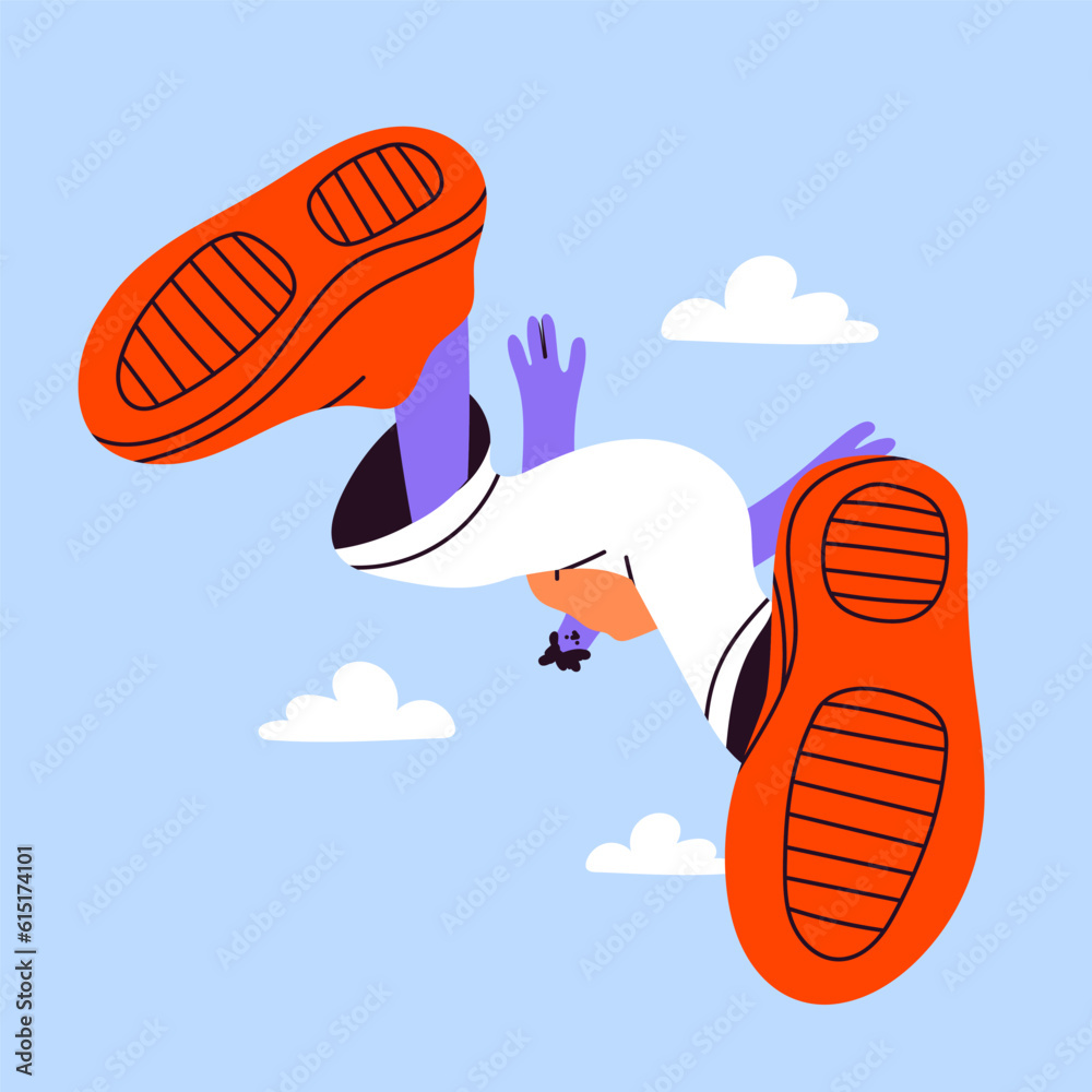 Person falling down from the sky. Bottom view, giant shoes. Flat style ...
