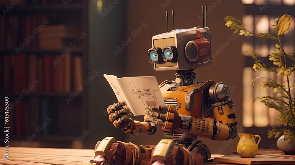 Ai robot reading book in library Stock Illustration | Adobe Stock