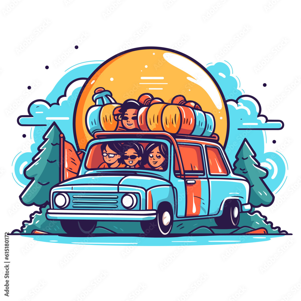 Summer Car Cinema. Fun in the car. Cartoon vector illustration. white ...