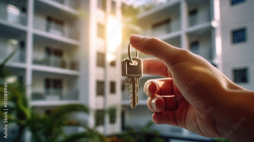 Hand holding keys on the background of a new building, construction ...