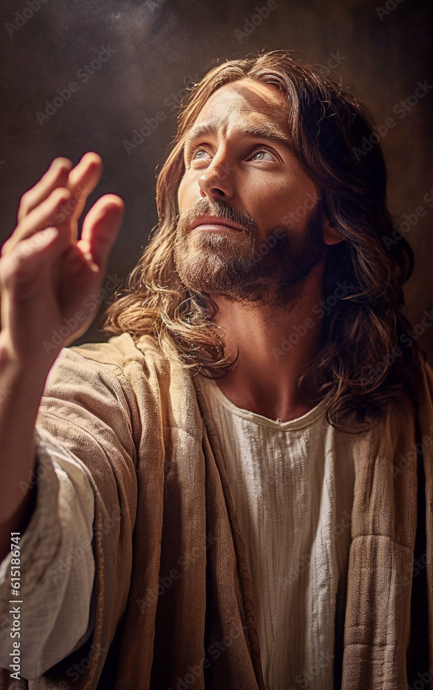 Jesus Christ looking up to the light of God with a raised hand is ...