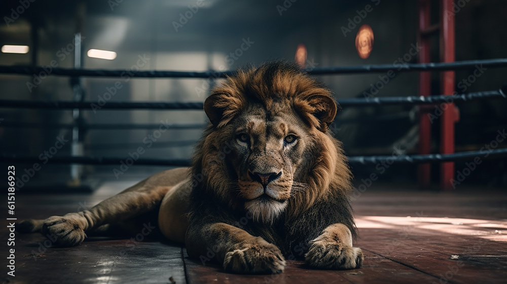 Fearless lion sitting in a boxing ring inside a gym Stock Illustration ...