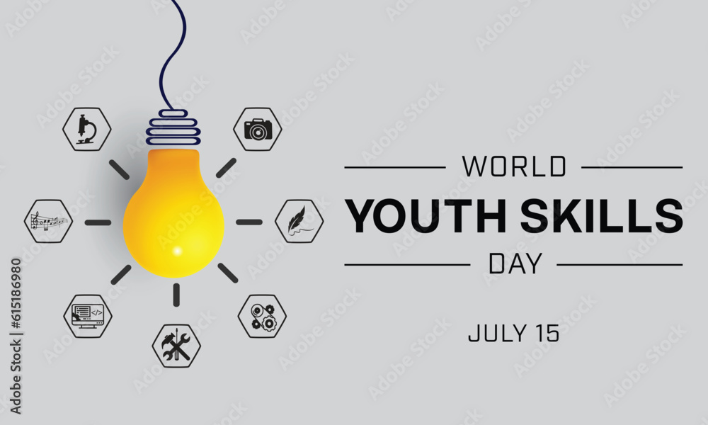 World Youth Skills Day design with a light bulb surrounded by different ...