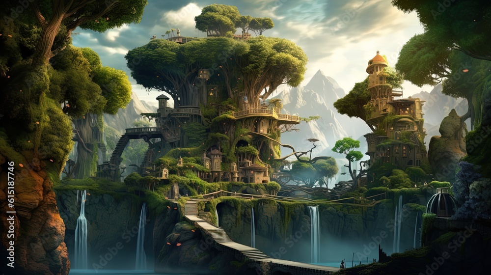 anime scenery art illustration, fantasy mood, elven village big tree ...