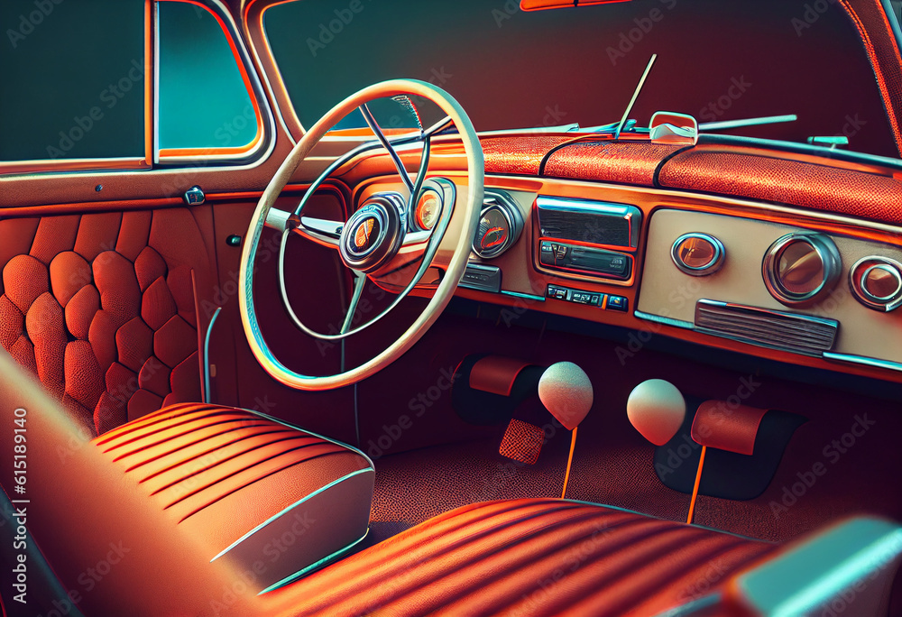 Dashboard and steering wheel of an old fashioned car. Style, car ...