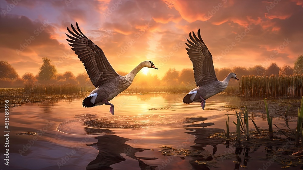 A Stunning Sunrise Over a Peaceful Lake with Majestic Geese in Flight ...