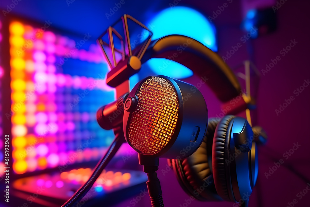 A close-up of a microphone and headphones for podcast or ASMR sounds on ...