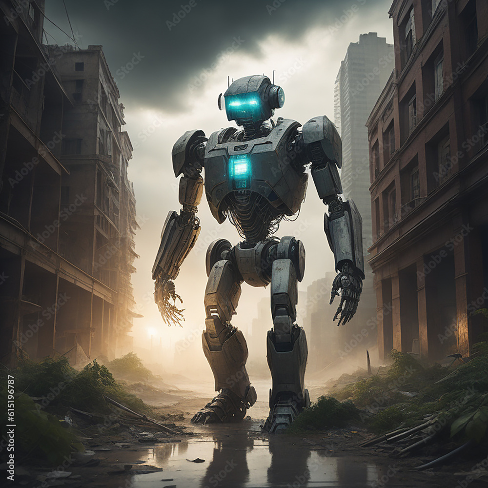 A robot Artificial Intelligence navigating through a dystopian ...