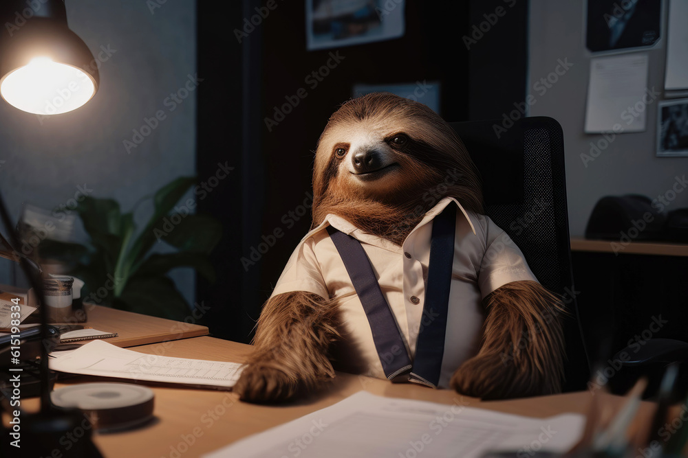 Slow sloth in business attire working at desk in office Stock ...