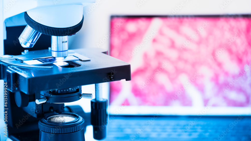 Modern microscope and human tissue section slide with computer monitor ...