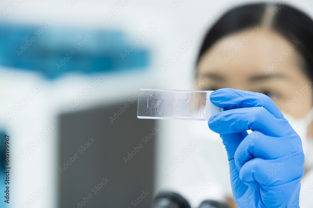 Women scientist looking to blood smear slide in clinical laboratory ...