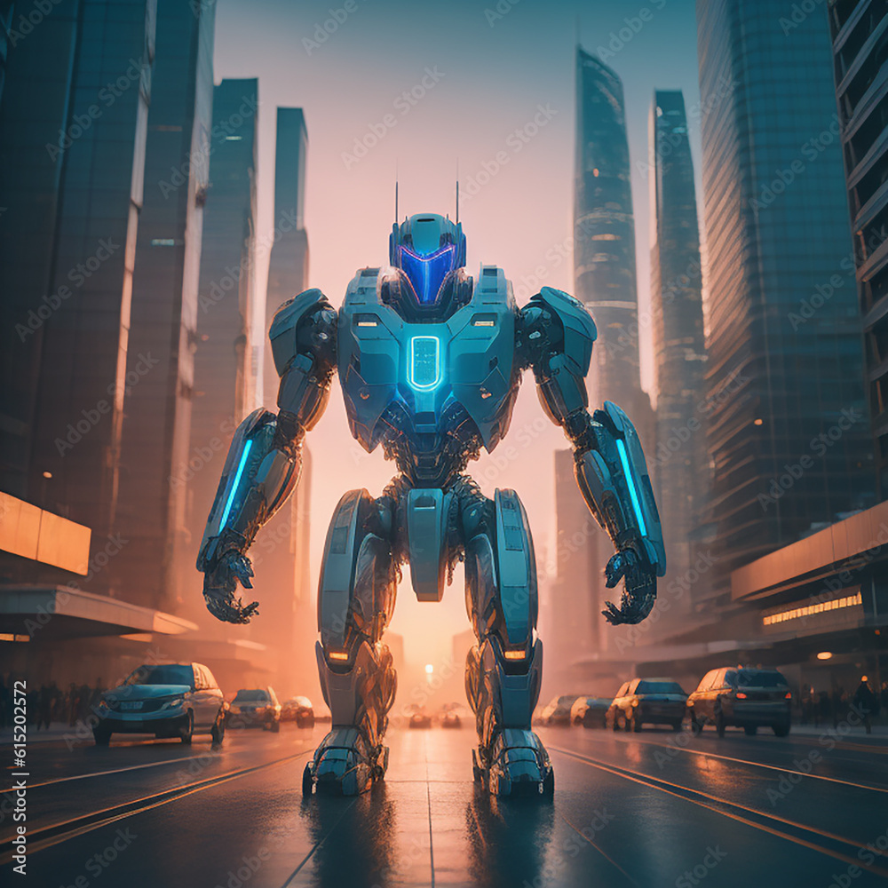 A robot Artificial Intelligence navigating through a dystopian ...