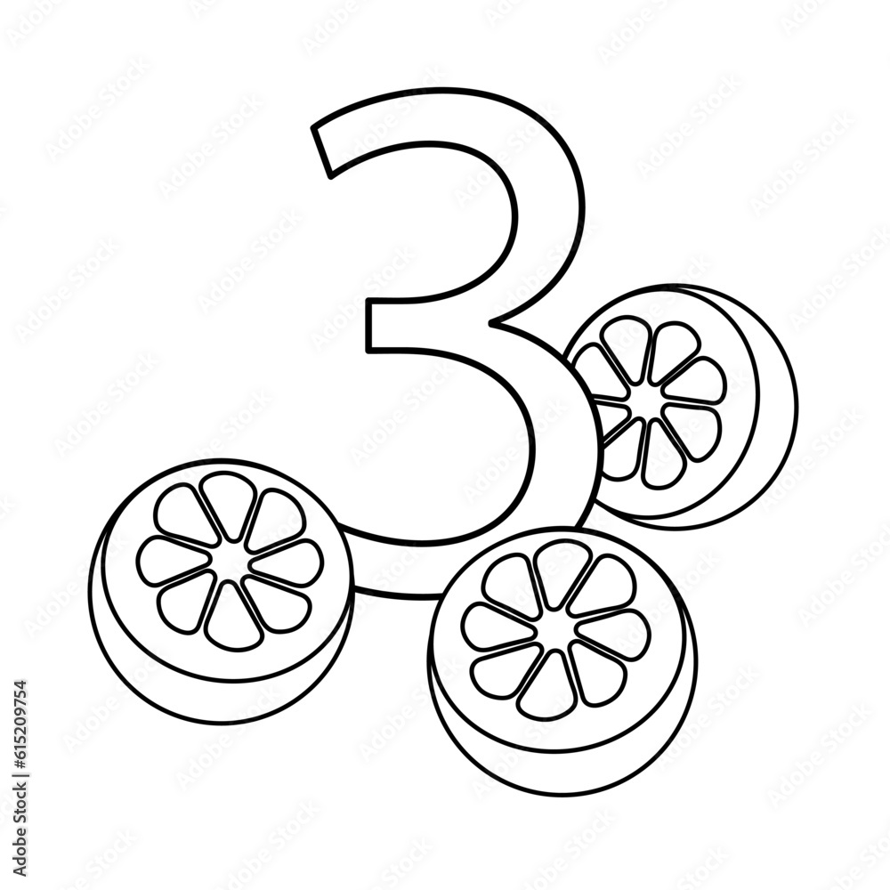 Number three and cute fruits. educate Coloring book page for children ...