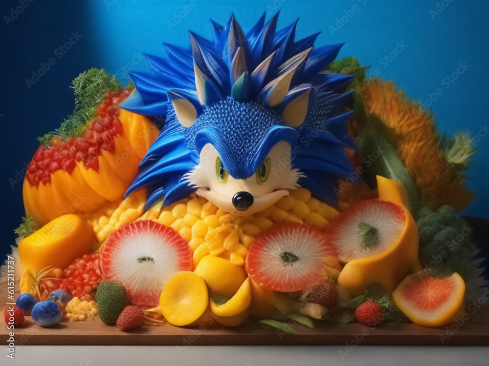 an edible food art of sonic hedgehog made up of fruits and vegetables ...