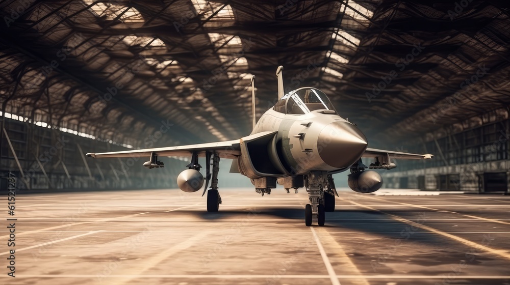 military fighter jet aircraft parked in military hangar at the base ...