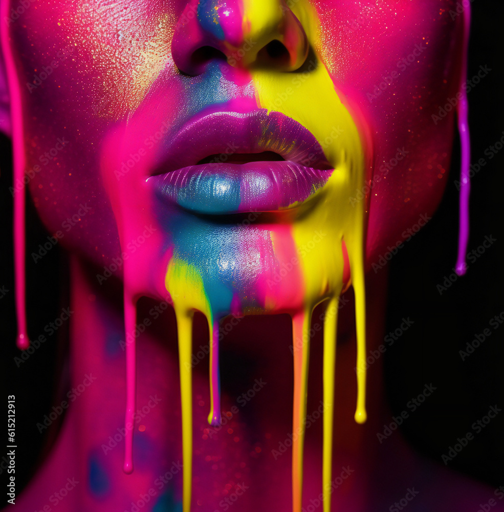 metallic female face with pink spilling colors. Colors Draining from ...