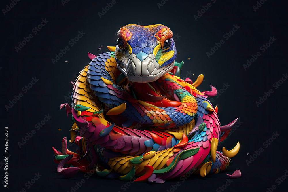 Abstract animal Viper snake portrait with colorful paint on skin and ...
