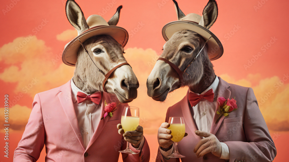 donkey in the street . portrait of a donkees iin suit drinking juice ...