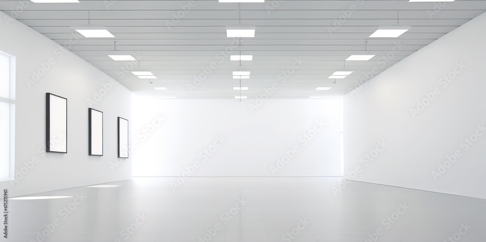 Modern minimalist art gallery interior, clean white space with empty ...