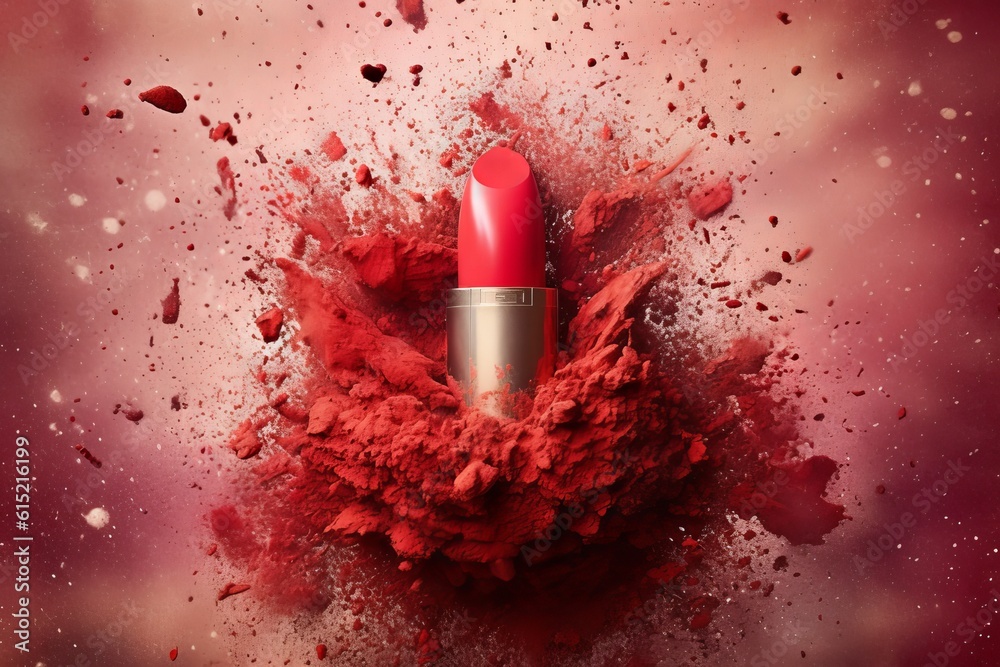 Dynamic burst of vibrant red dust surrounding a designer lipstick ...