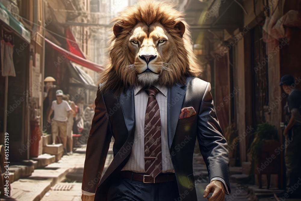 Gentleman lion in a suit striding confidently through a mysterious ...