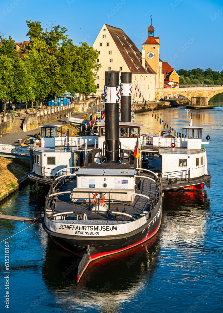 Regensburg, Germany - June 14: historic buildings and passenger ship at ...