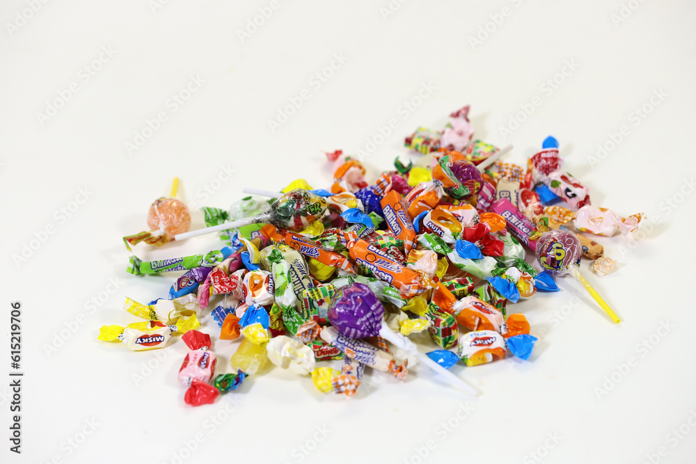 Sweets for children. Candies, lollipops, sprinkles. Unhealthy foods ...