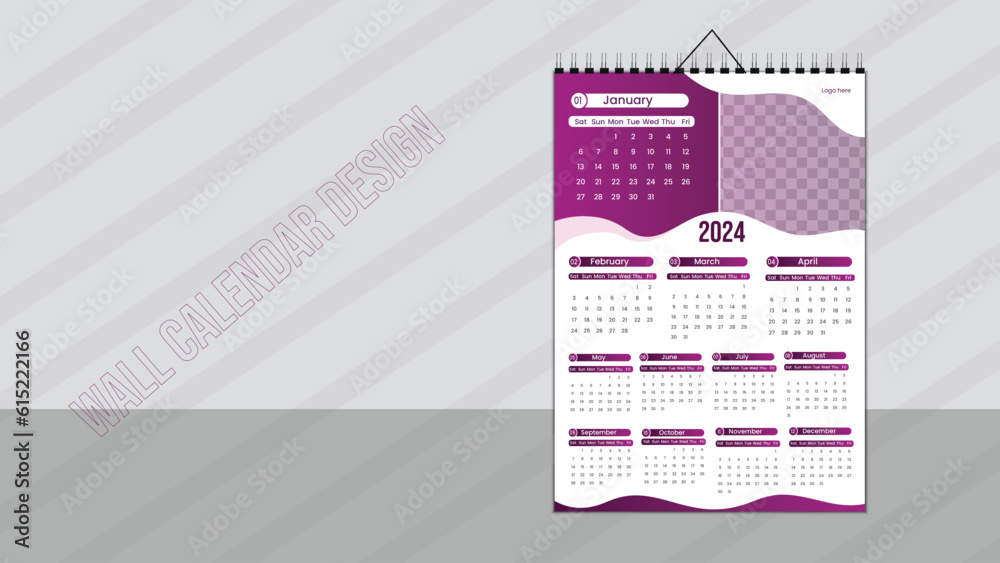 2024 Wall Calendar design . Purple color design with 1 page editable ...