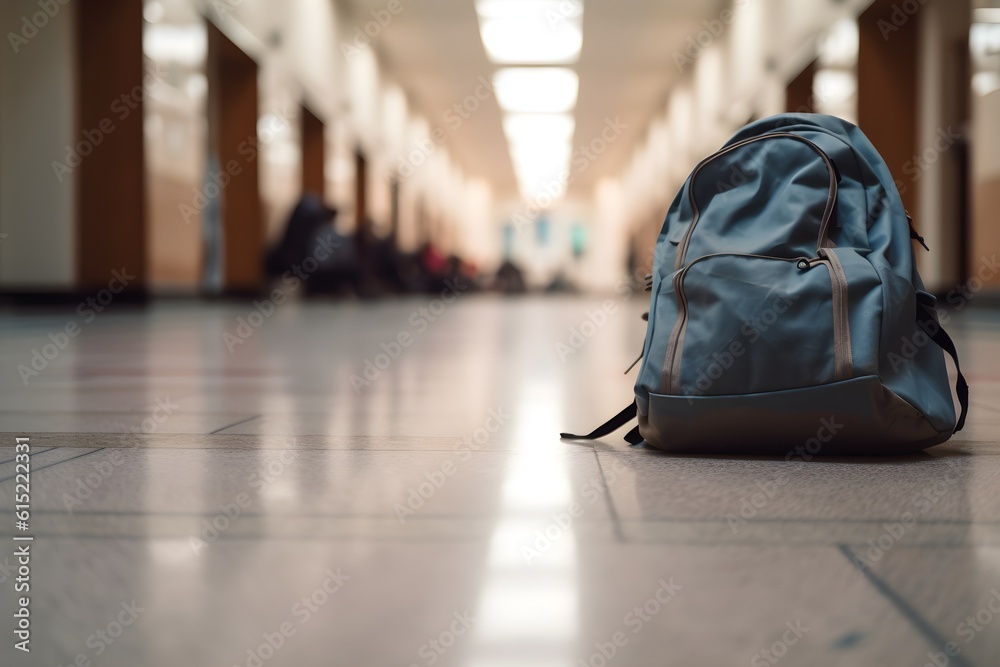 School backpack on the floor in the School hallway corridor Stock ...