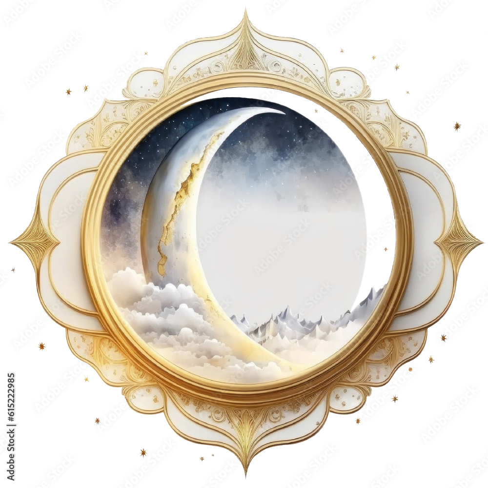 Celestial gold frame with clouds and crescent, Night sky watercolor ...