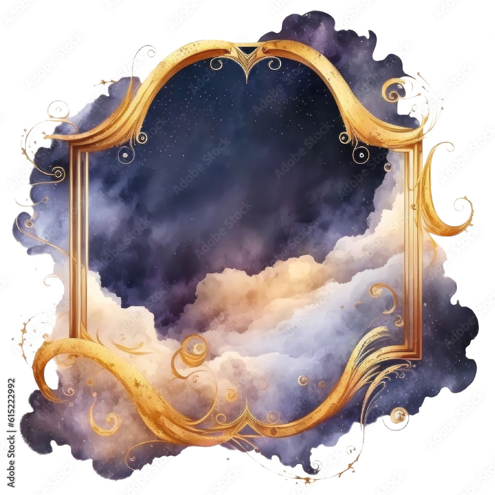 Celestial gold frame with clouds, Night sky watercolor illustration ...